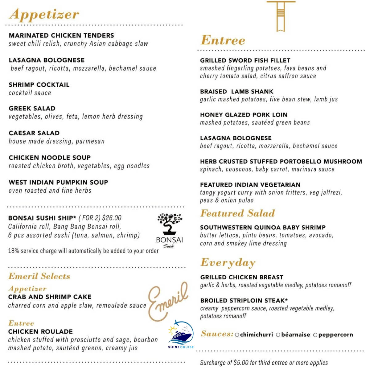 Carnival Dinner Menus for 7 and 8 Night Cruise 2025