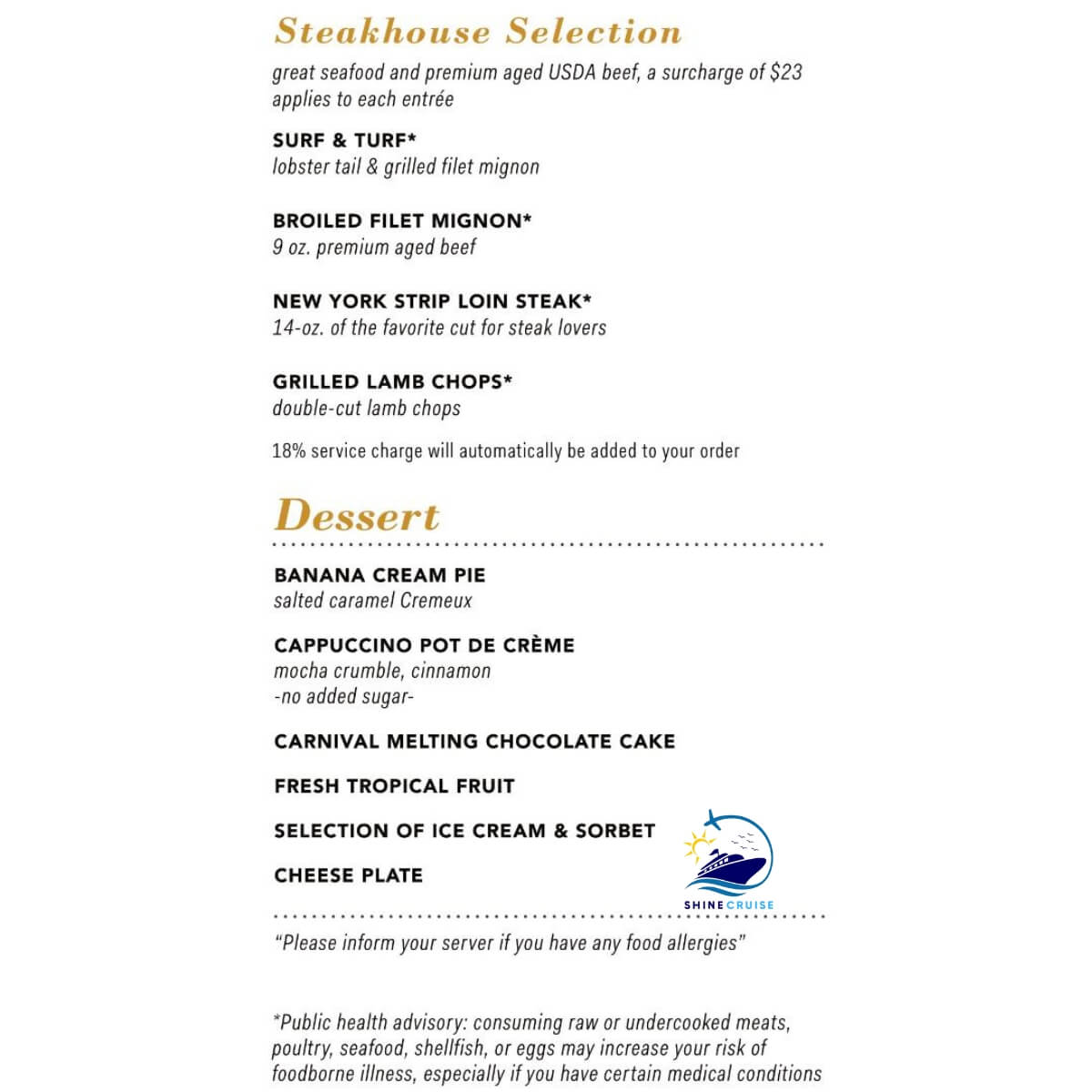 Carnival Dinner Menus for 7 and 8 Night Cruise 2025