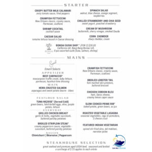 Carnival Dinner Menus for 7 and 8 Night Cruise 2025