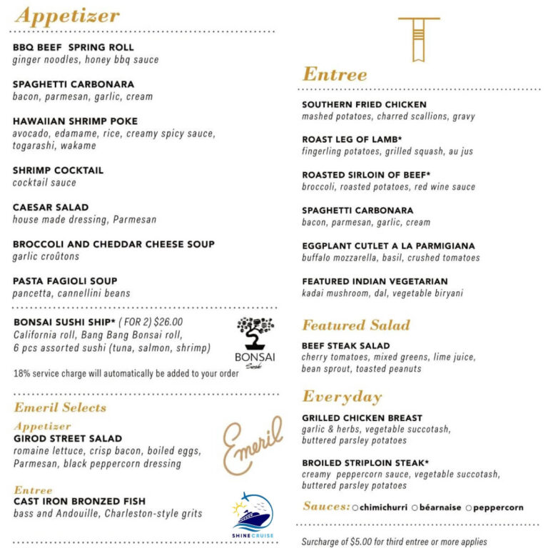 Carnival Dinner Menus for 7 and 8 Night Cruise 2025