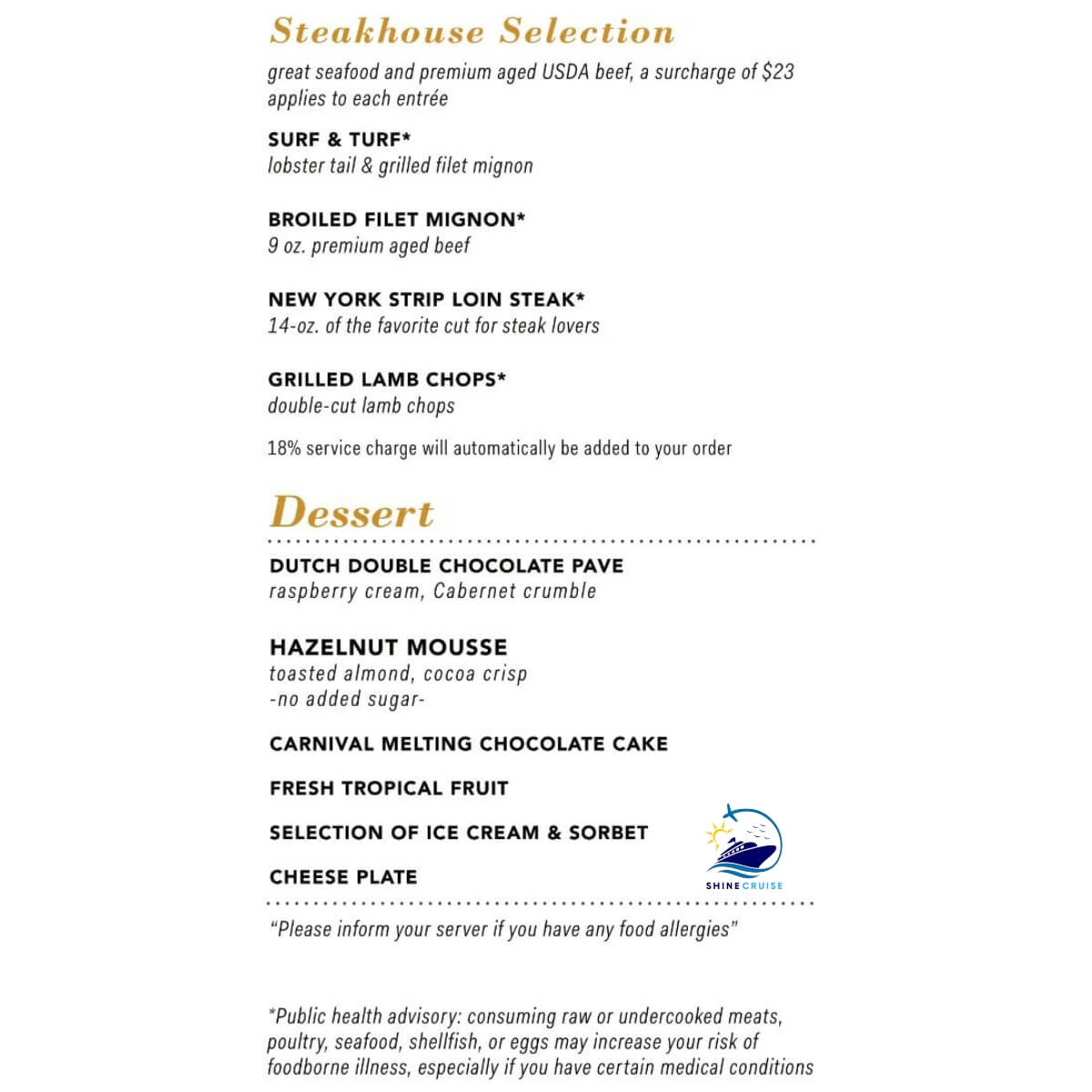 Carnival Dinner Menus for 7 and 8 Night Cruise 2025
