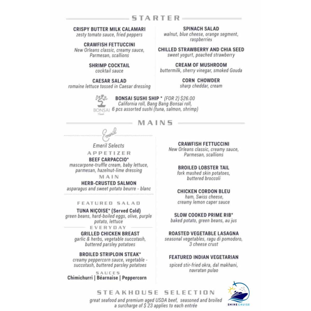 Carnival Dinner Menus for 7 and 8 Night Cruise 2025