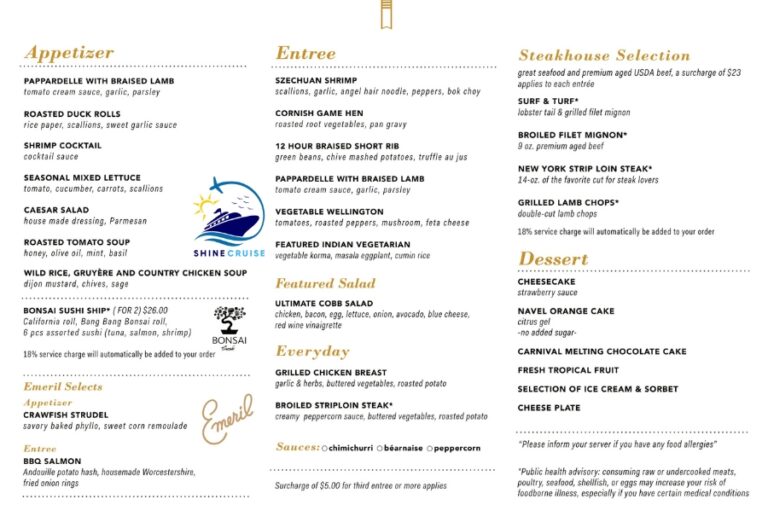 Carnival Main Dining Room Menu 2025 For All Ships