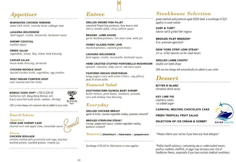 Carnival Main Dining Room Menu 2025 For All Ships