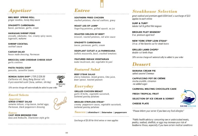 Carnival Main Dining Room Menu 2025 For All Ships