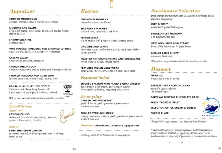 Carnival Main Dining Room Menu 2025 For All Ships