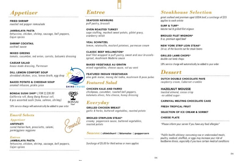 Carnival Main Dining Room Menu 2025 For All Ships