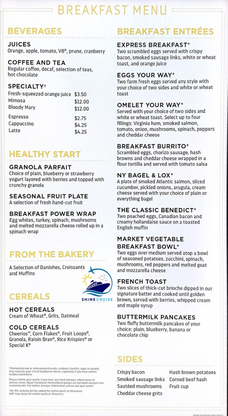 Royal Caribbean Icon of the Seas Main Dining Room Menus