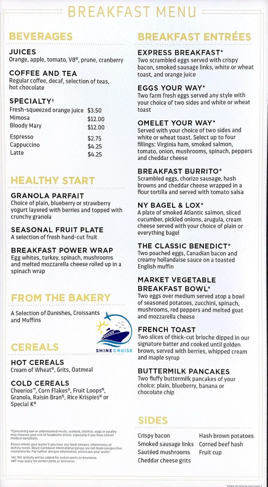 Royal Caribbean Icon of the Seas Main Dining Room Menus