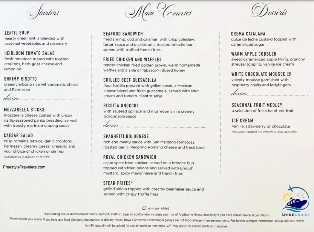 Royal Caribbean Icon of the Seas Main Dining Room Menus