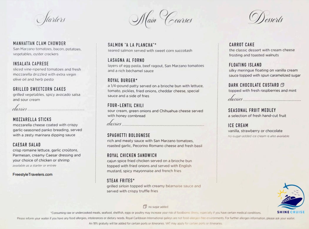 Royal Caribbean Icon of the Seas Main Dining Room Menus