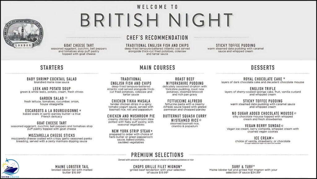 Royal Caribbean Main Dining Room Menu 2026 for all Ships