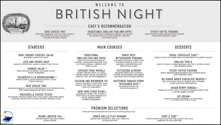 Royal Caribbean Main Dining Room Menu 2026 for all Ships