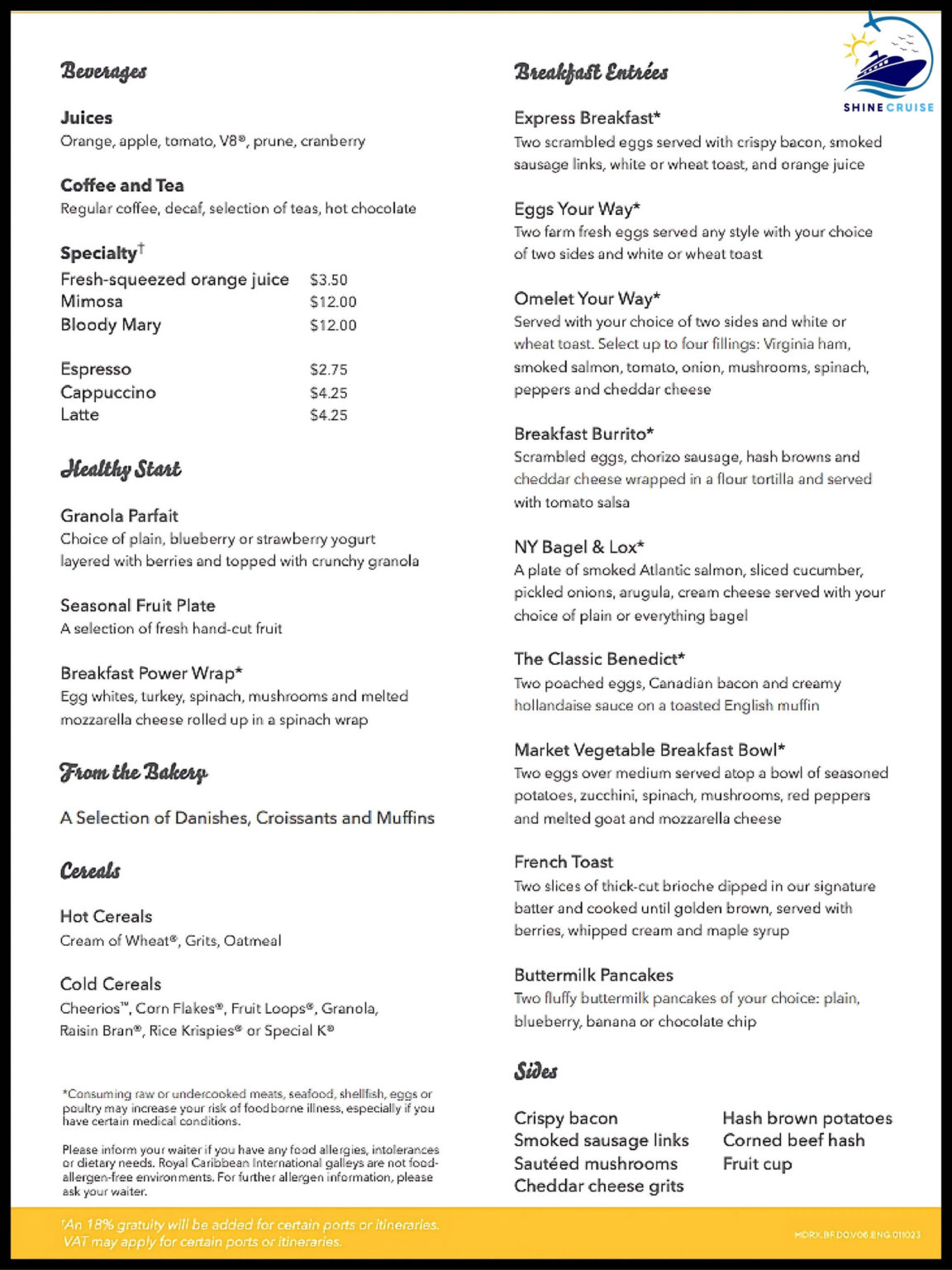 Royal Caribbean Main Dining Room Menu 2026 for all Ships