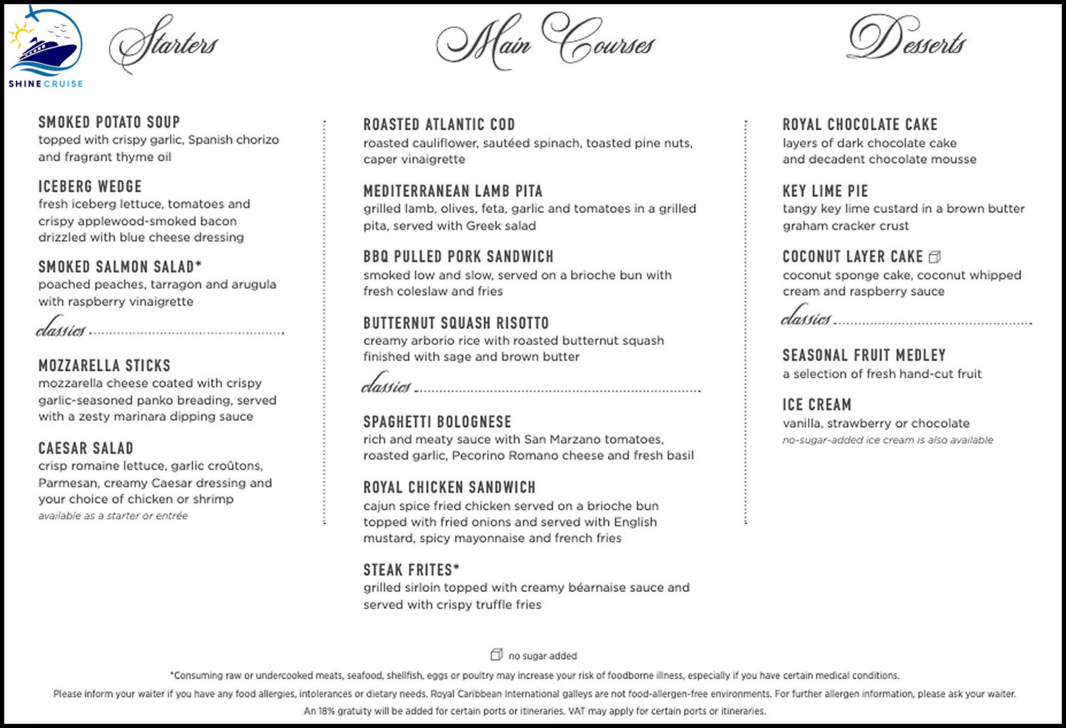 Royal Caribbean Main Dining Room Menu 2025 for all Ships