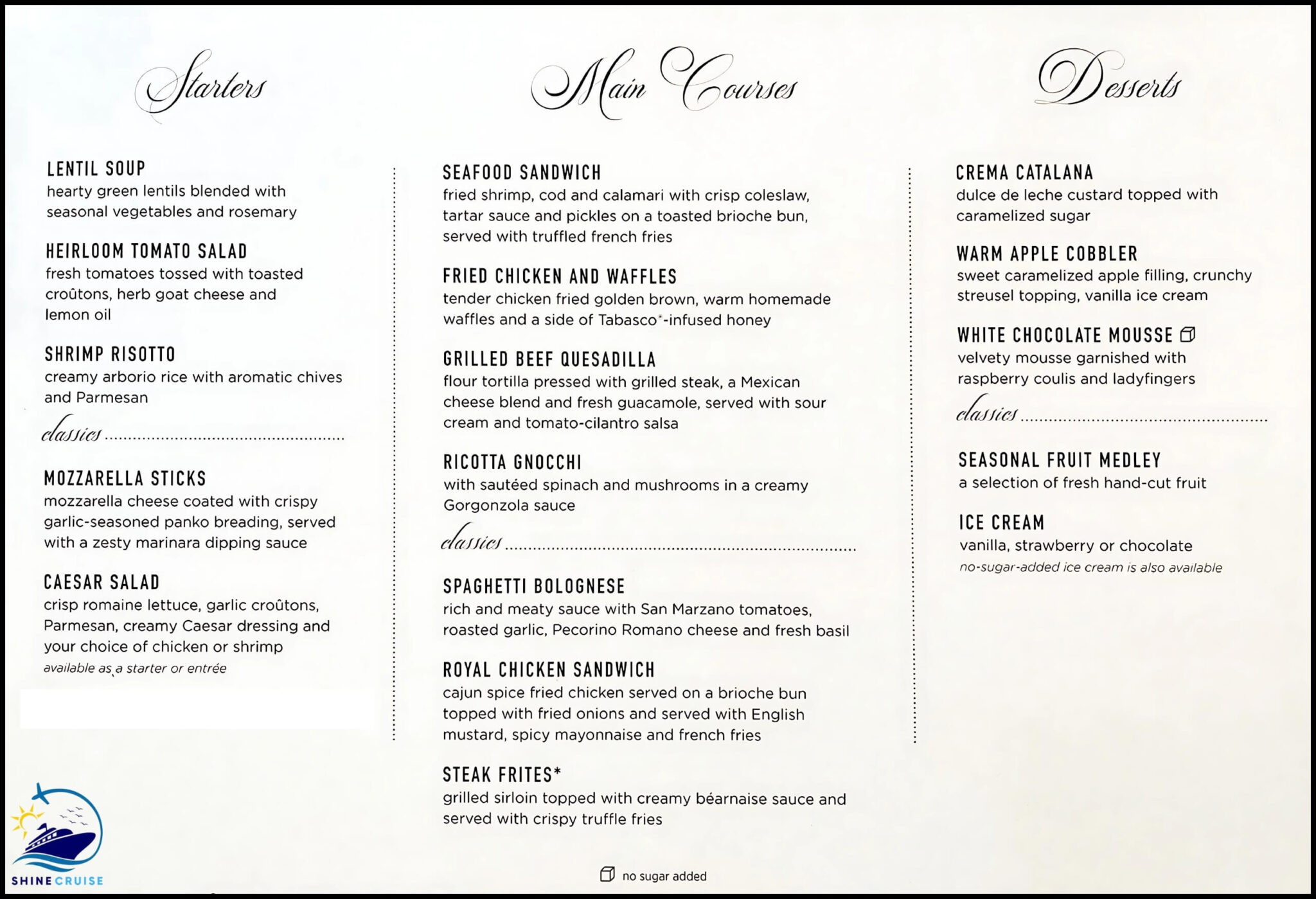 Royal Caribbean Main Dining Room Menu 2026 for all Ships