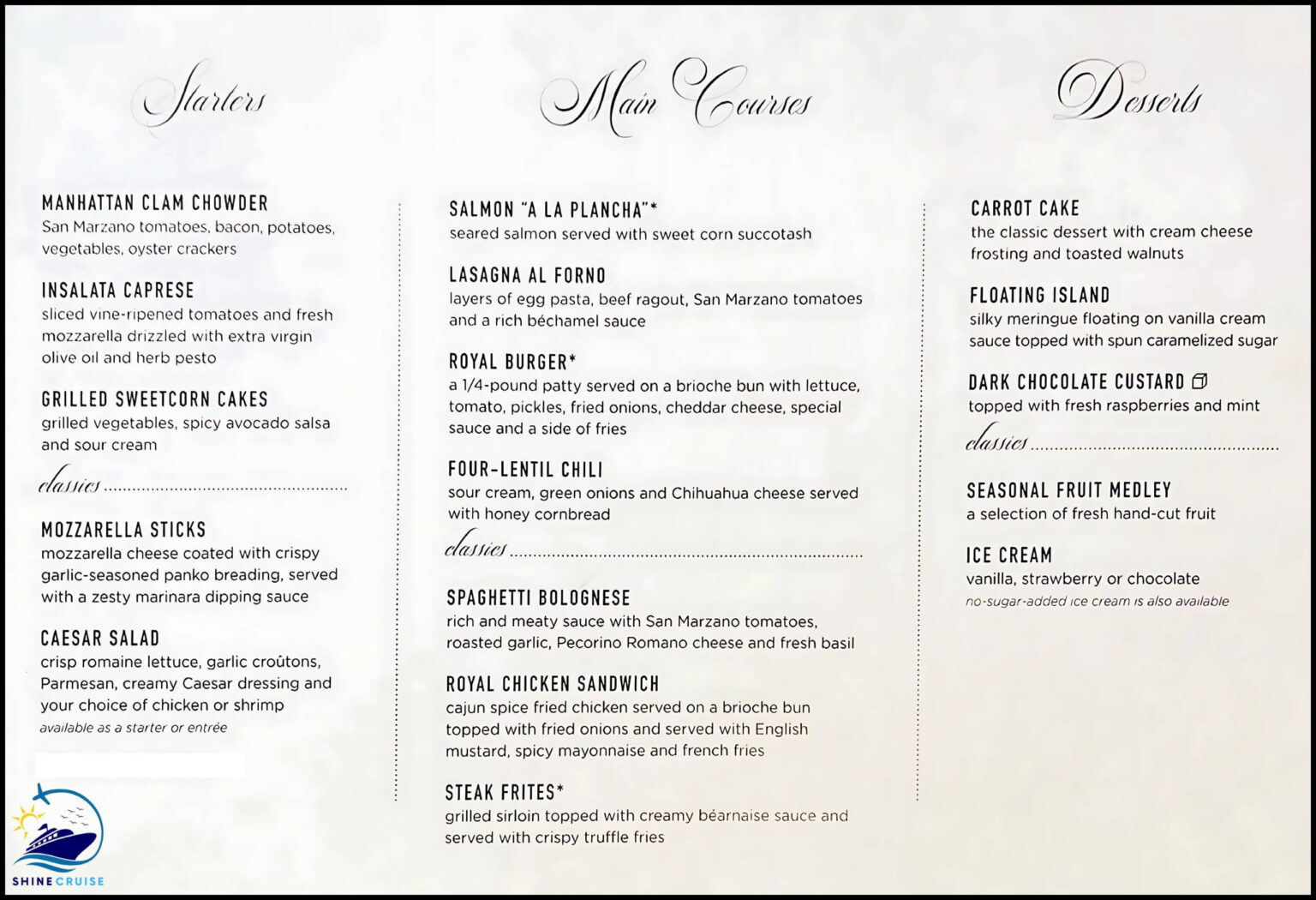 Royal Caribbean Main Dining Room Menu 2025 for all Ships