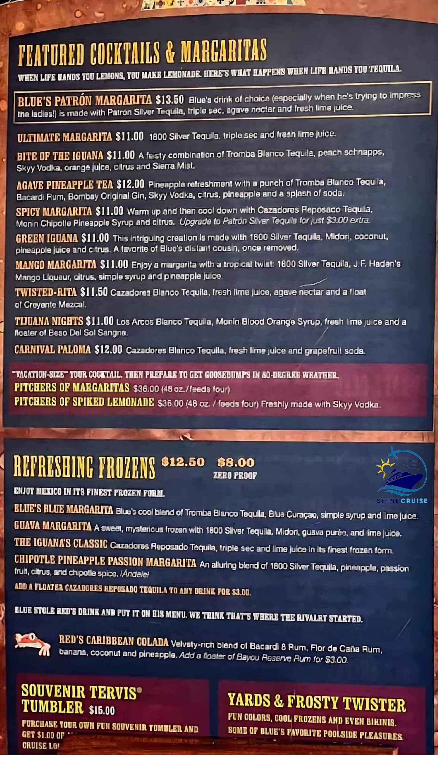 Carnival Blue Iguana Tequila Bar Menu 2025 with Prices