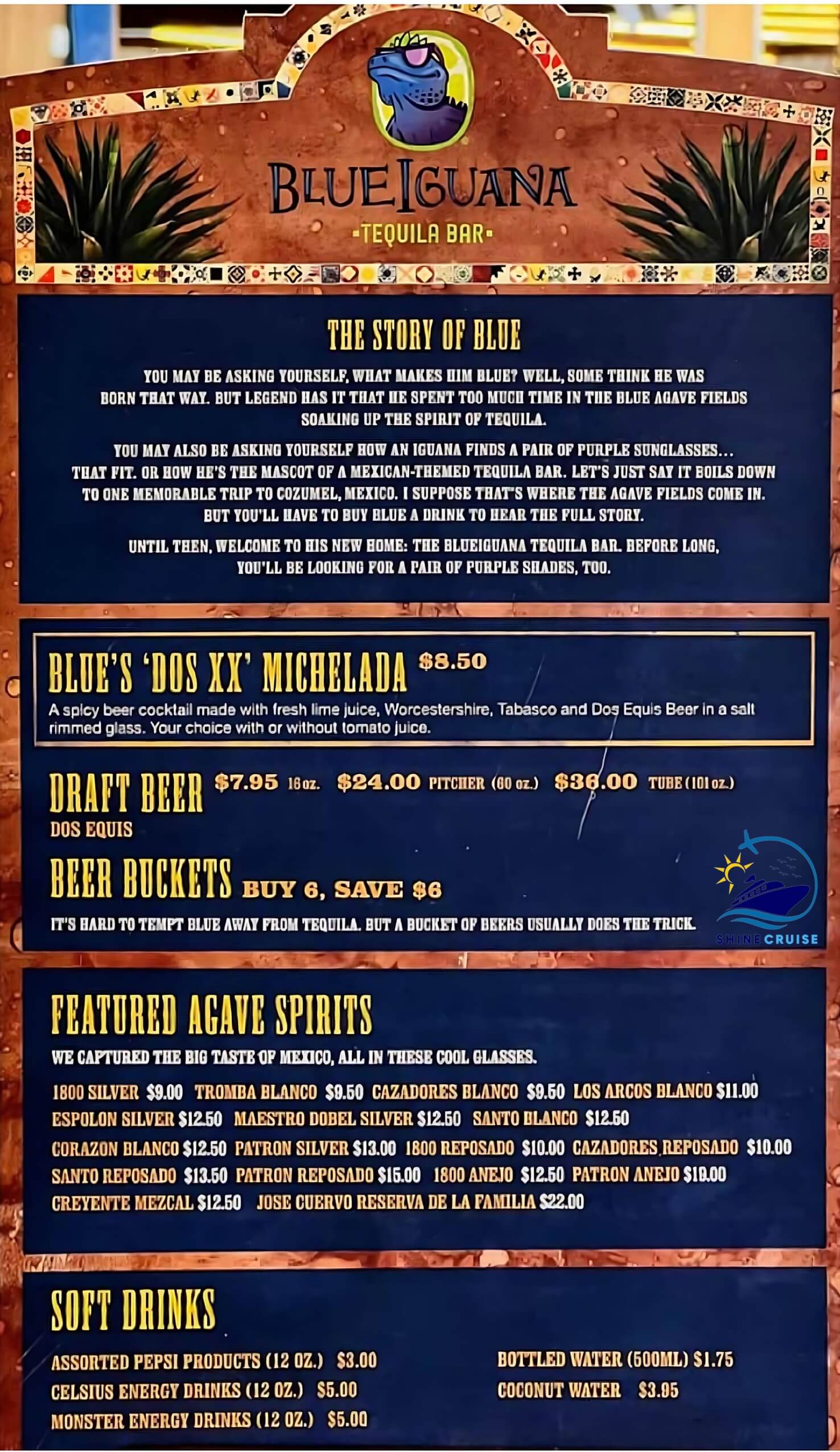Carnival Blue Iguana Tequila Bar Menu 2025 with Prices