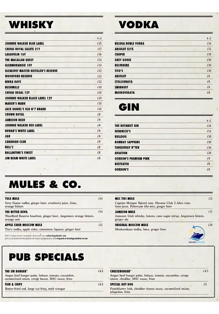 MSC Drinks Menu 2025 Prices (All MSC Bar Menus with Prices)