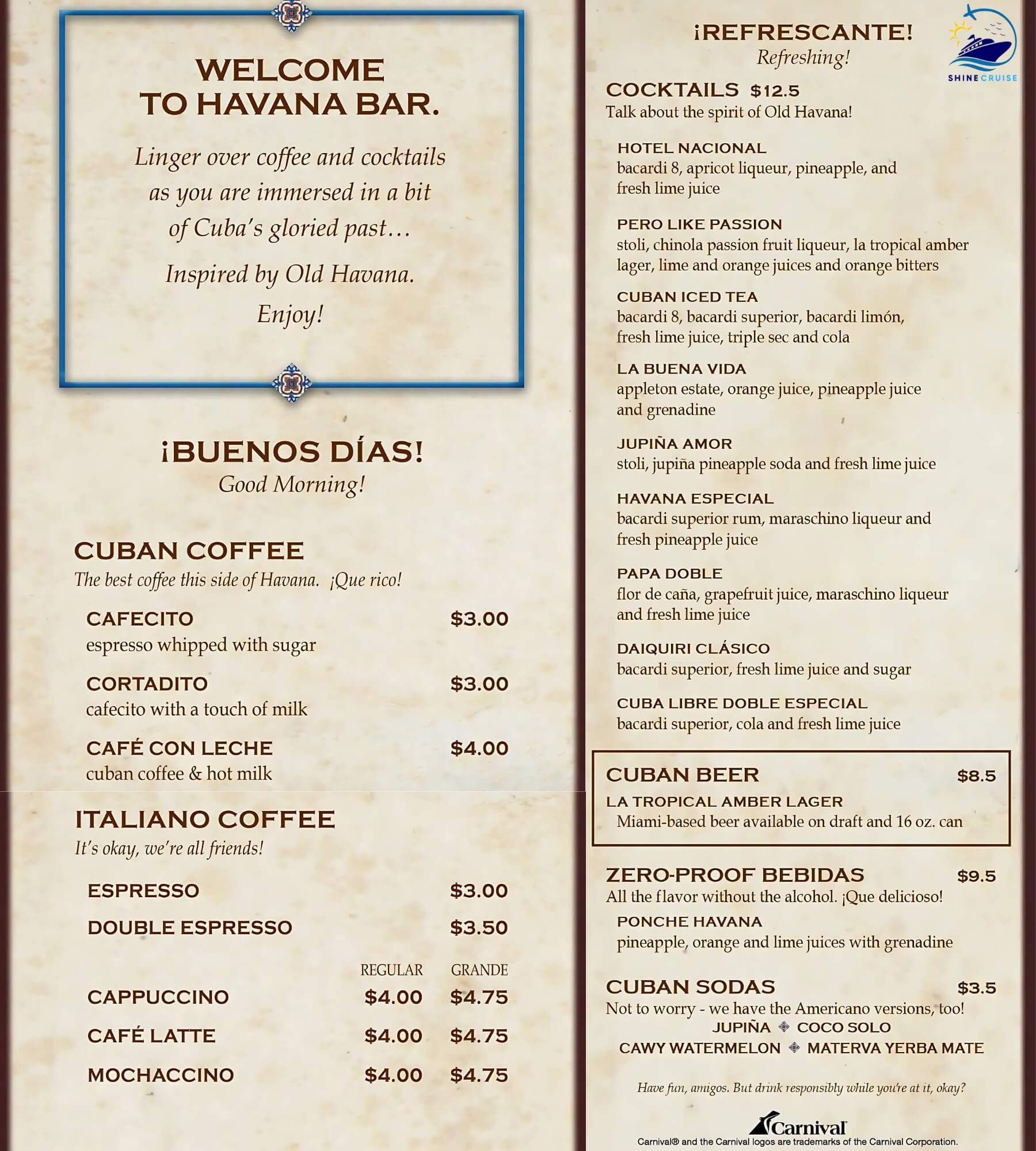 Carnival Cruise Drink Menus 2026 with Prices for all Ships