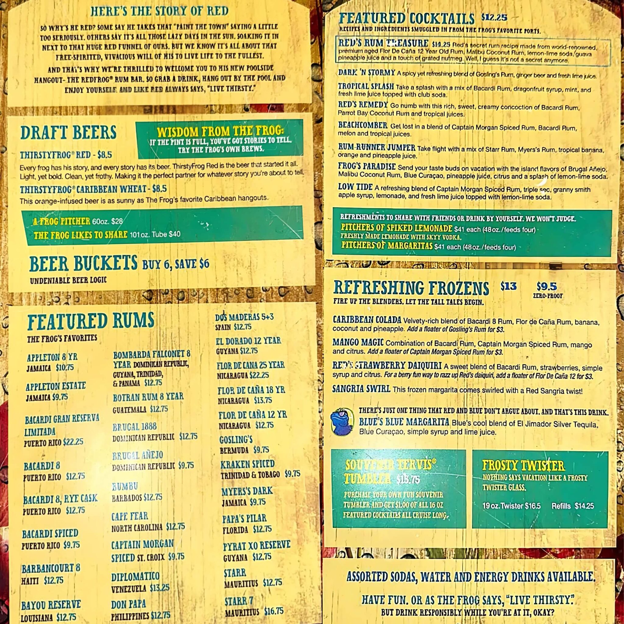 Carnival Red Frog Rum Bar Menu for 2026 with Prices