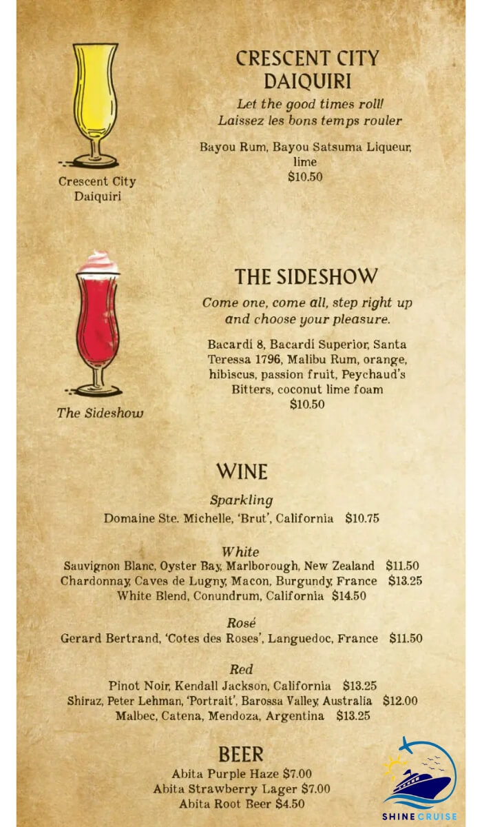 Carnival Fortune Teller Bar Menu 2025 with Prices