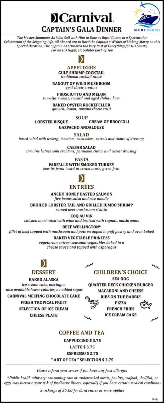 Carnival 14 Day Cruise Menu for 2026 with Dining Guide