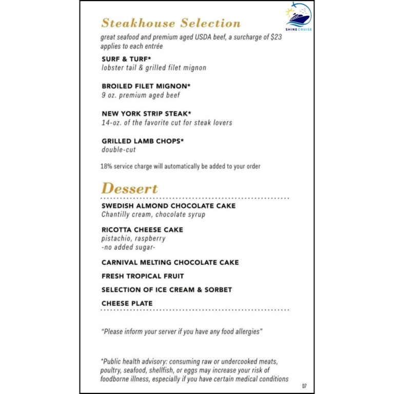Carnival 14 Day Cruise Menu for 2026 with Dining Guide