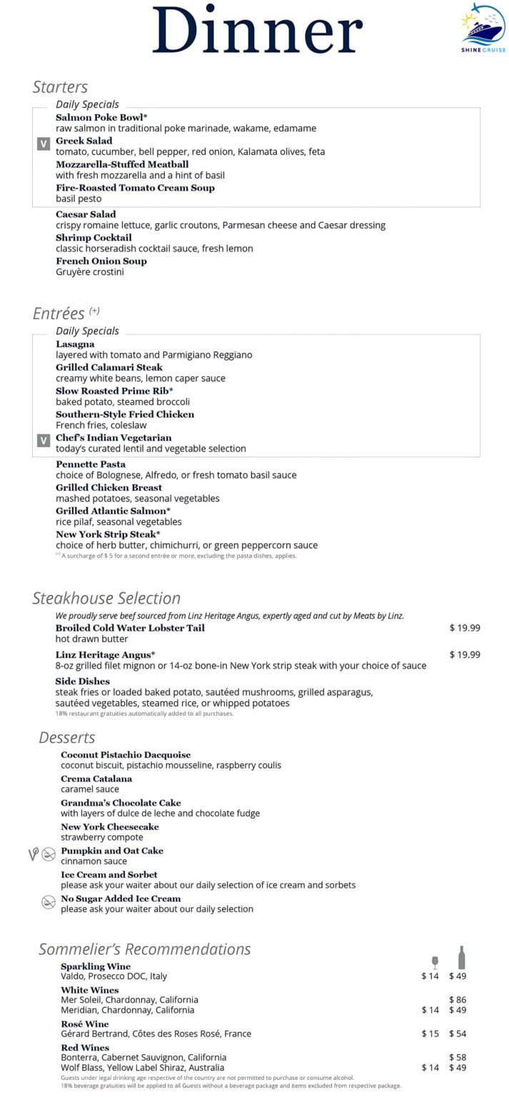 MSC Main Dining Room Menus for 2026 for all Ships