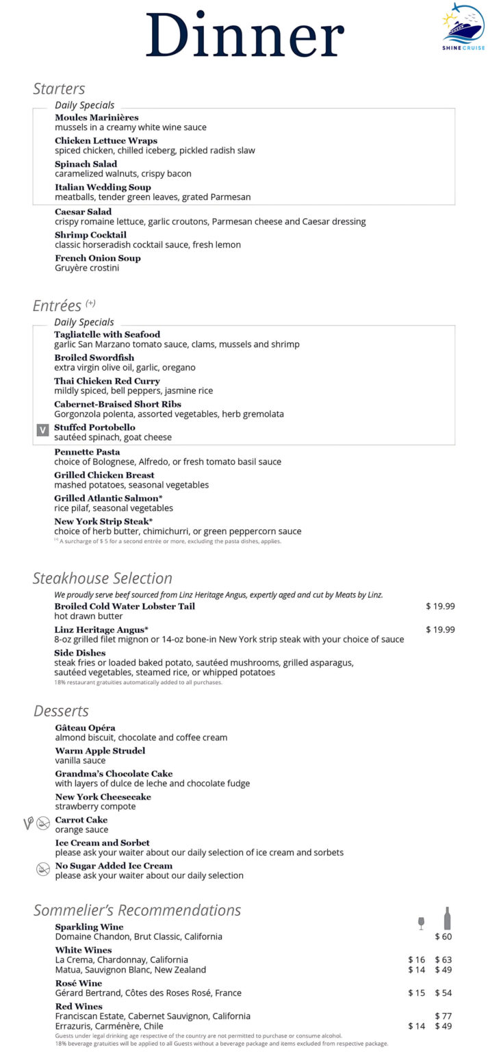 MSC Main Dining Room Menus for 2026 for all Ships