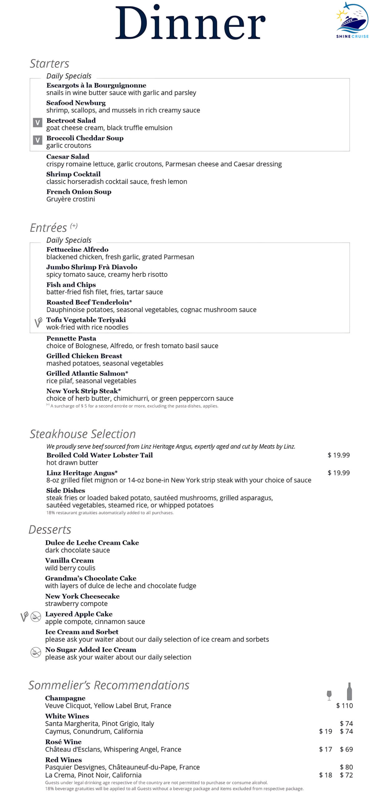 MSC Main Dining Room Menus for 2026 for all Ships