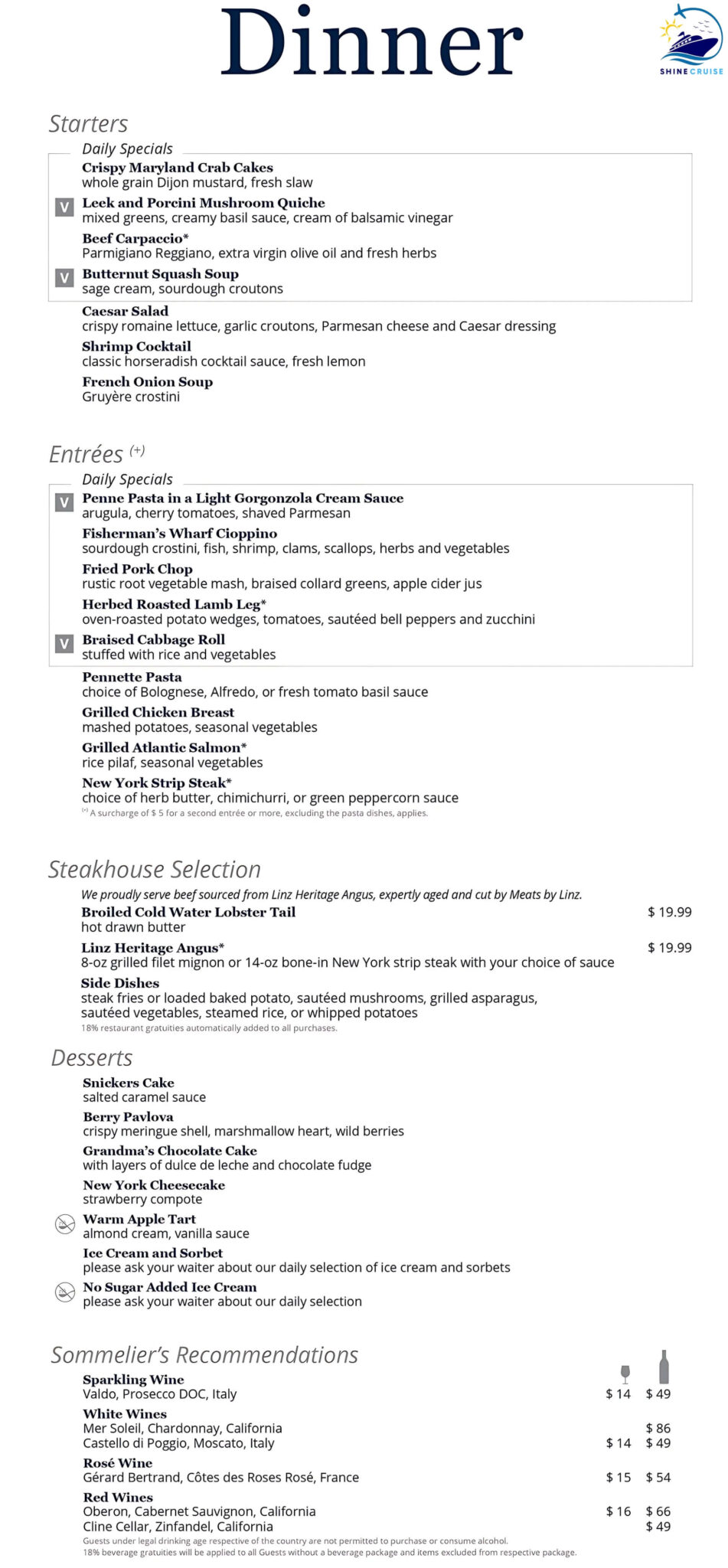 MSC Main Dining Room Menus for 2026 for all Ships