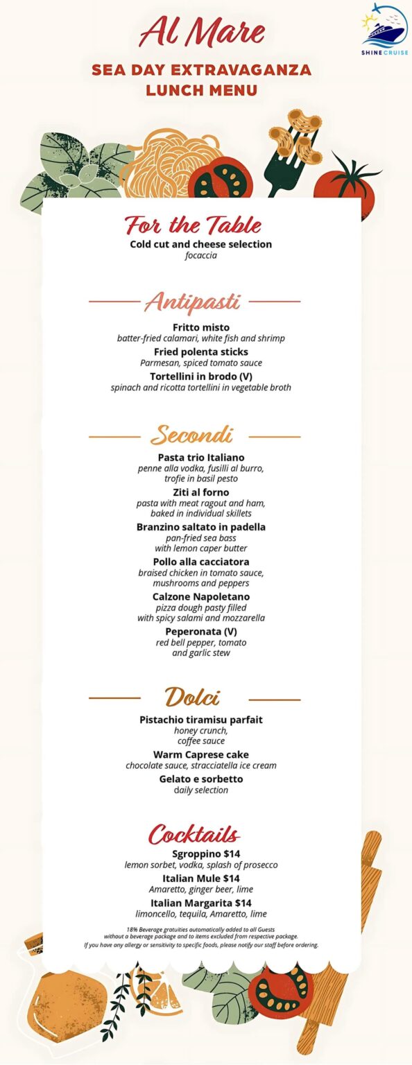 MSC Main Dining Room Menus for 2026 for all Ships