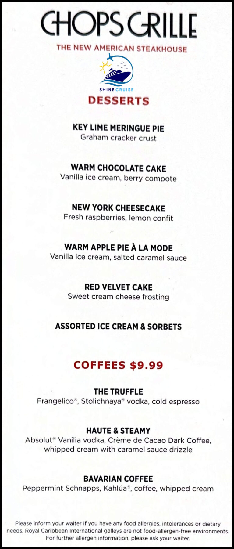 Royal Caribbean Chops Grille Menu 2025 with Prices & Review