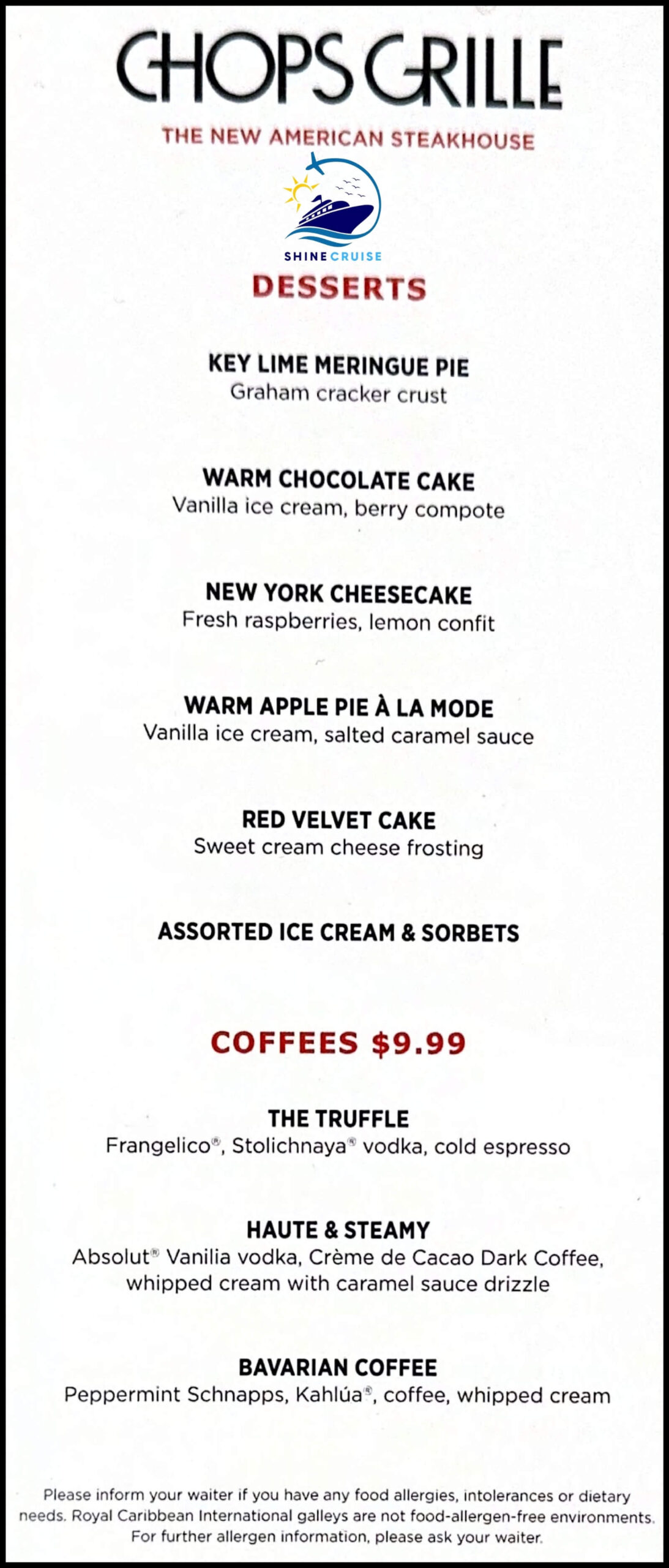 Royal Caribbean Chops Grille Menu 2025 with Prices & Review