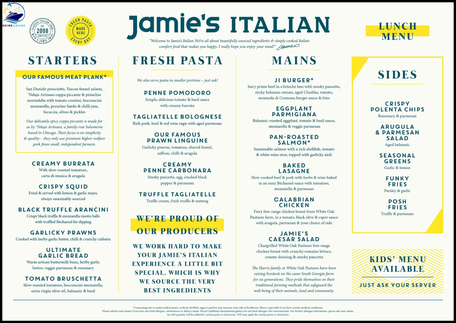 Royal Caribbean Jamie's Italian Menu 2025 with Prices & Info