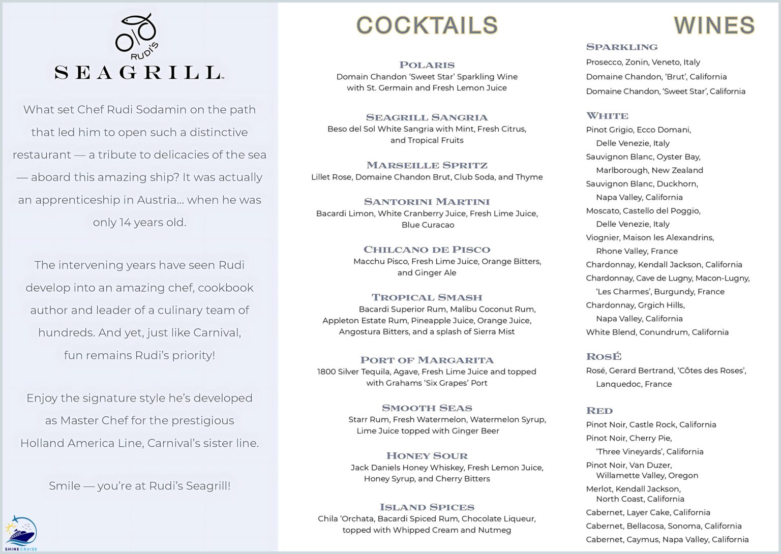 Carnival Rudi's Seagrill Menus for 2026 with Cost & Reviews
