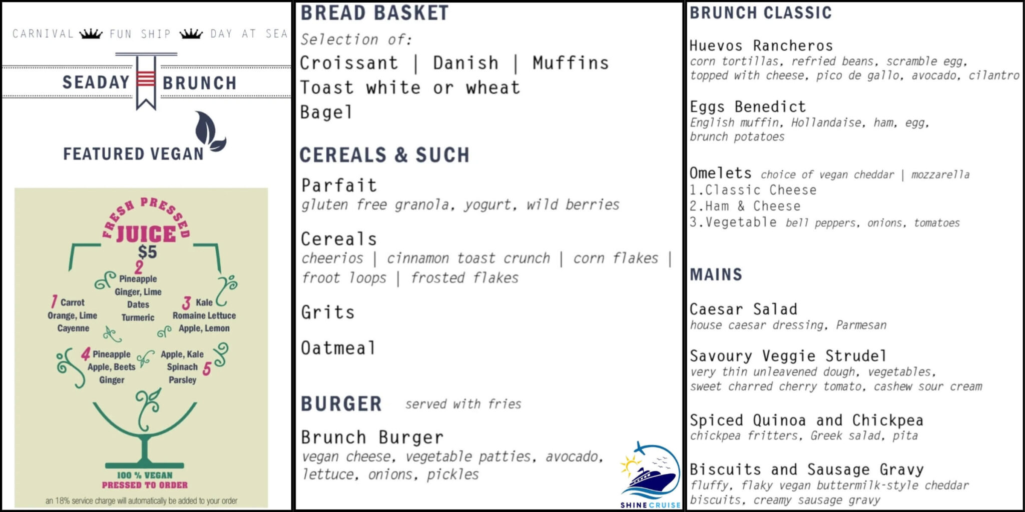 Carnival Vegan Menu 2025 for all Ships