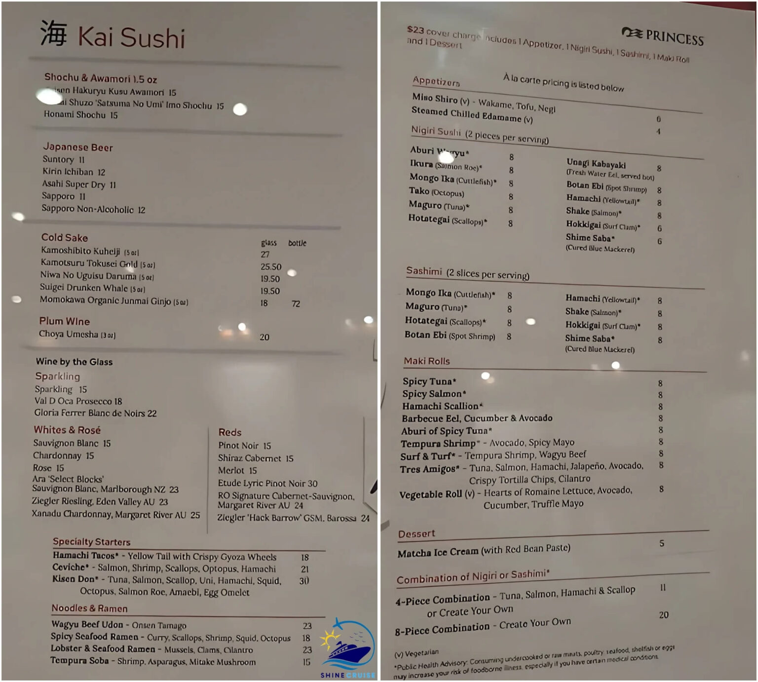 Princess Casual Dining Menus for 2026 for all Ships