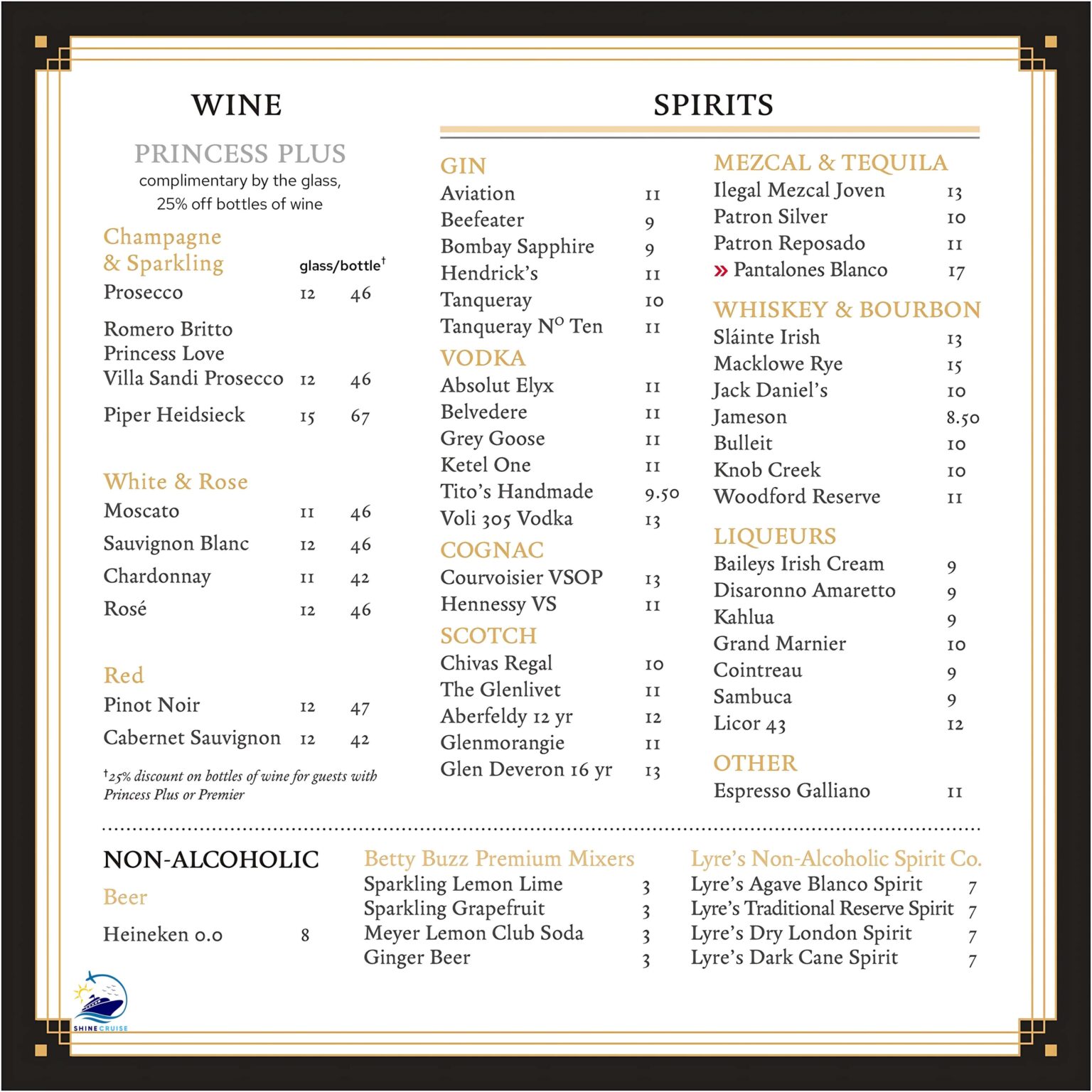 Princess Cruises Drinks Menu 2026 with Prices for all Ships