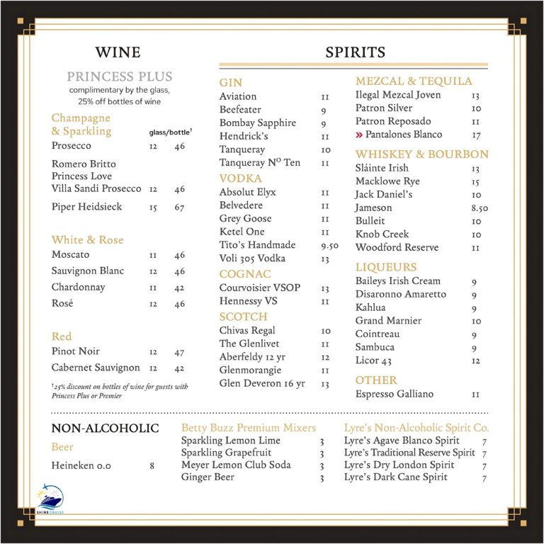 Princess Cruises Drinks Menu 2025 with Prices for all Ships