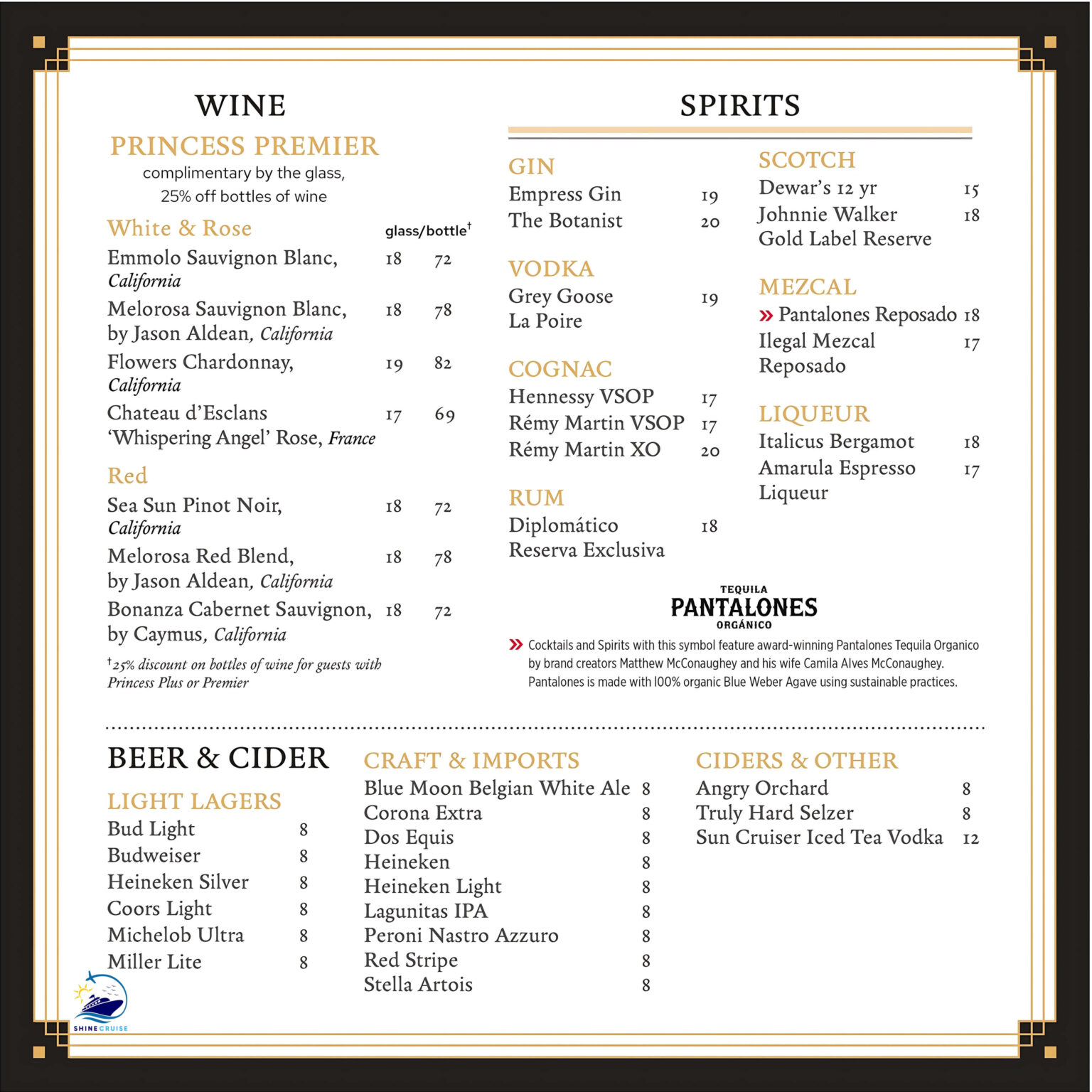 Princess Cruises Drinks Menu 2026 with Prices for all Ships