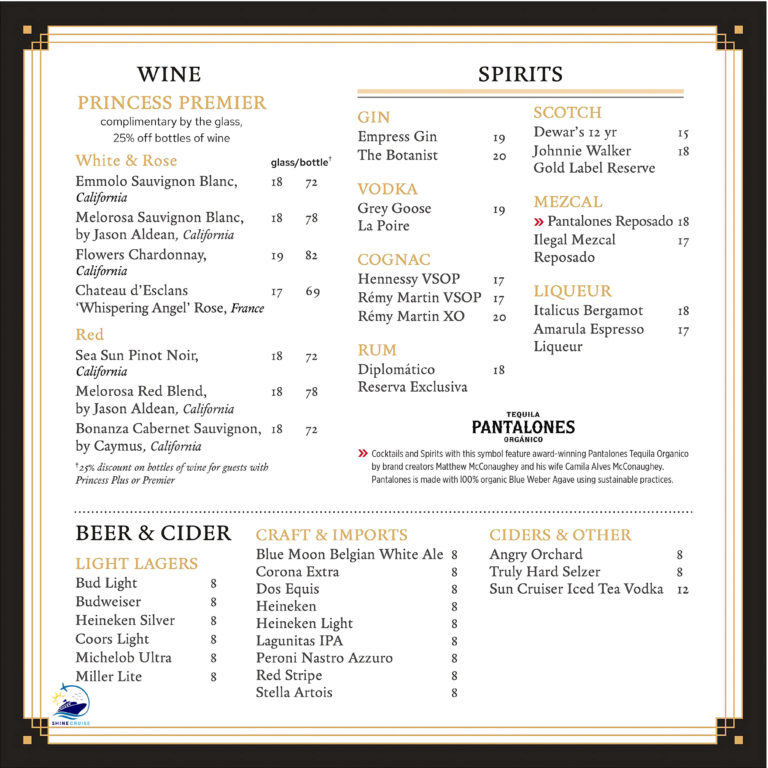 Princess Cruises Drinks Menu 2025 with Prices for all Ships
