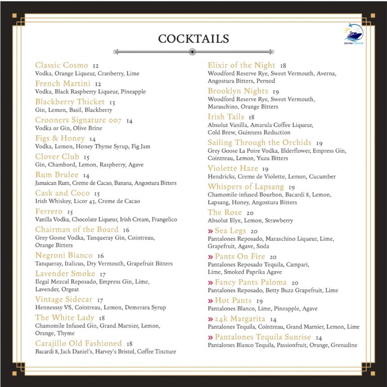 Princess Cruises Drinks Menu 2026 with Prices for all Ships