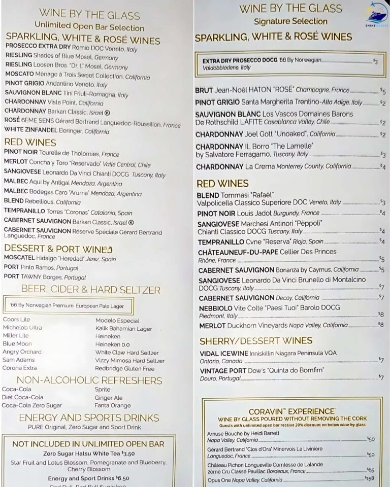 NCL Drink Menu 2025 with Bar Prices for all Norwegian Ships