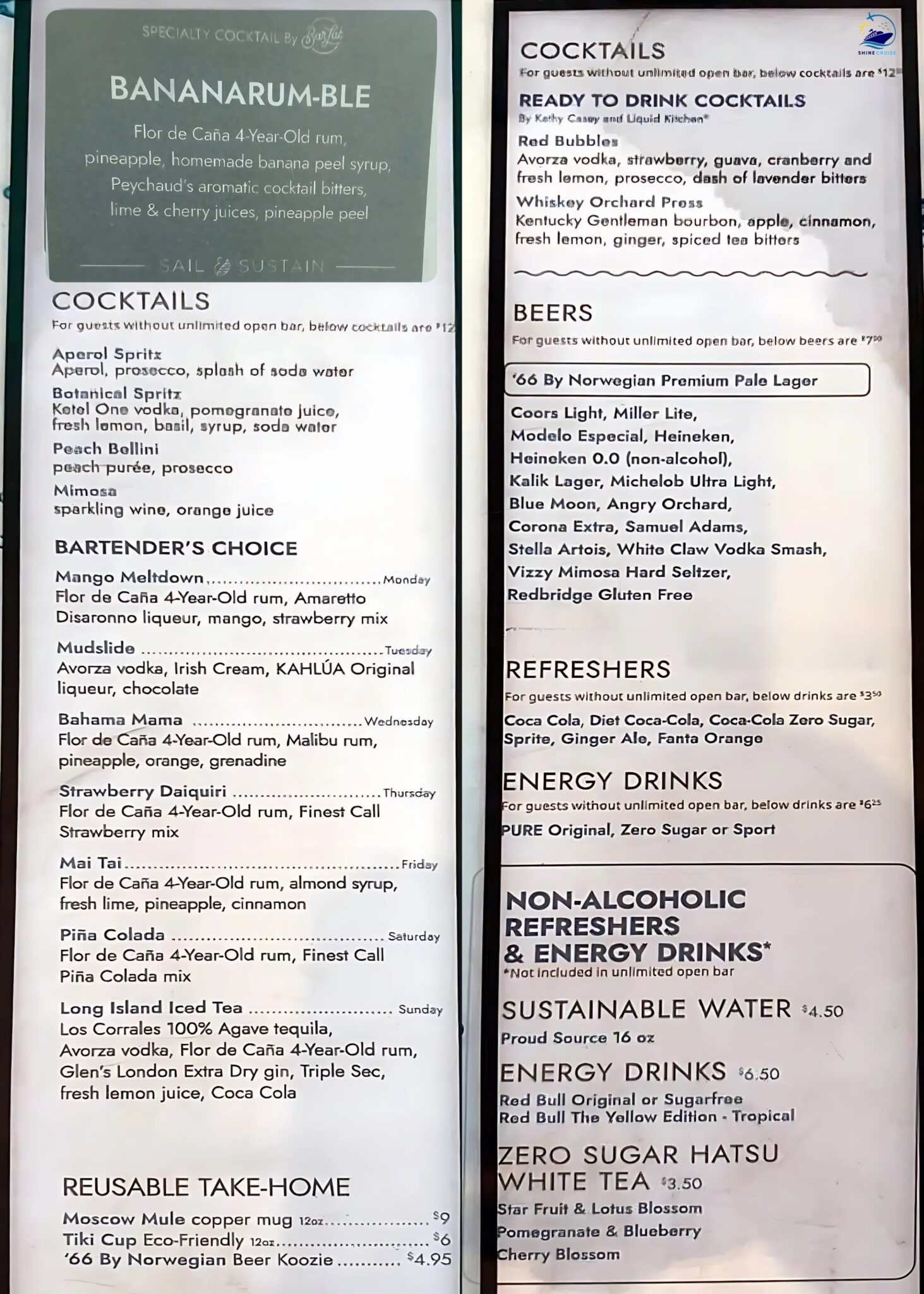 NCL Drink Menu 2025 with Bar Prices for all Norwegian Ships