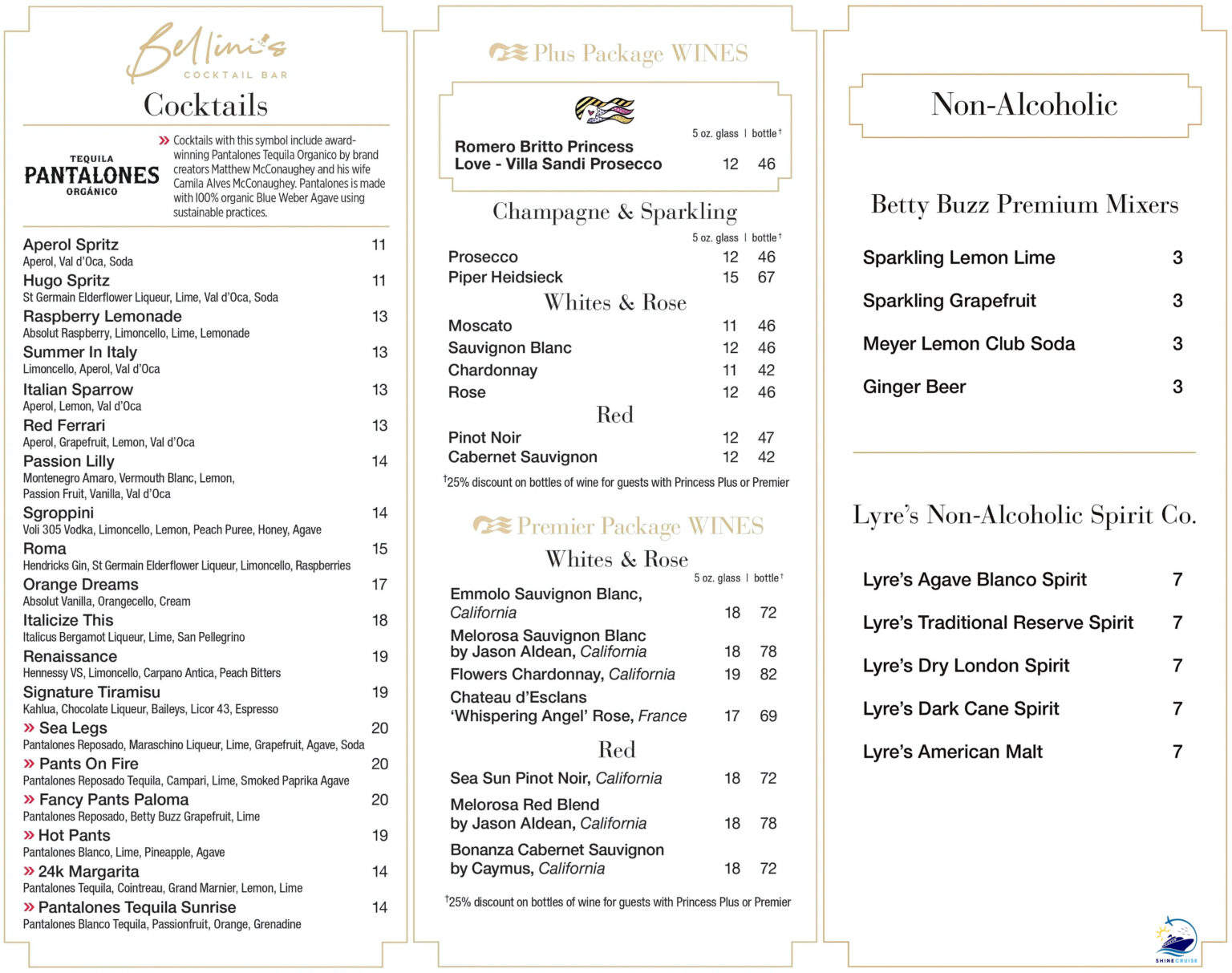 Princess Cruises Drinks Menu 2026 with Prices for all Ships
