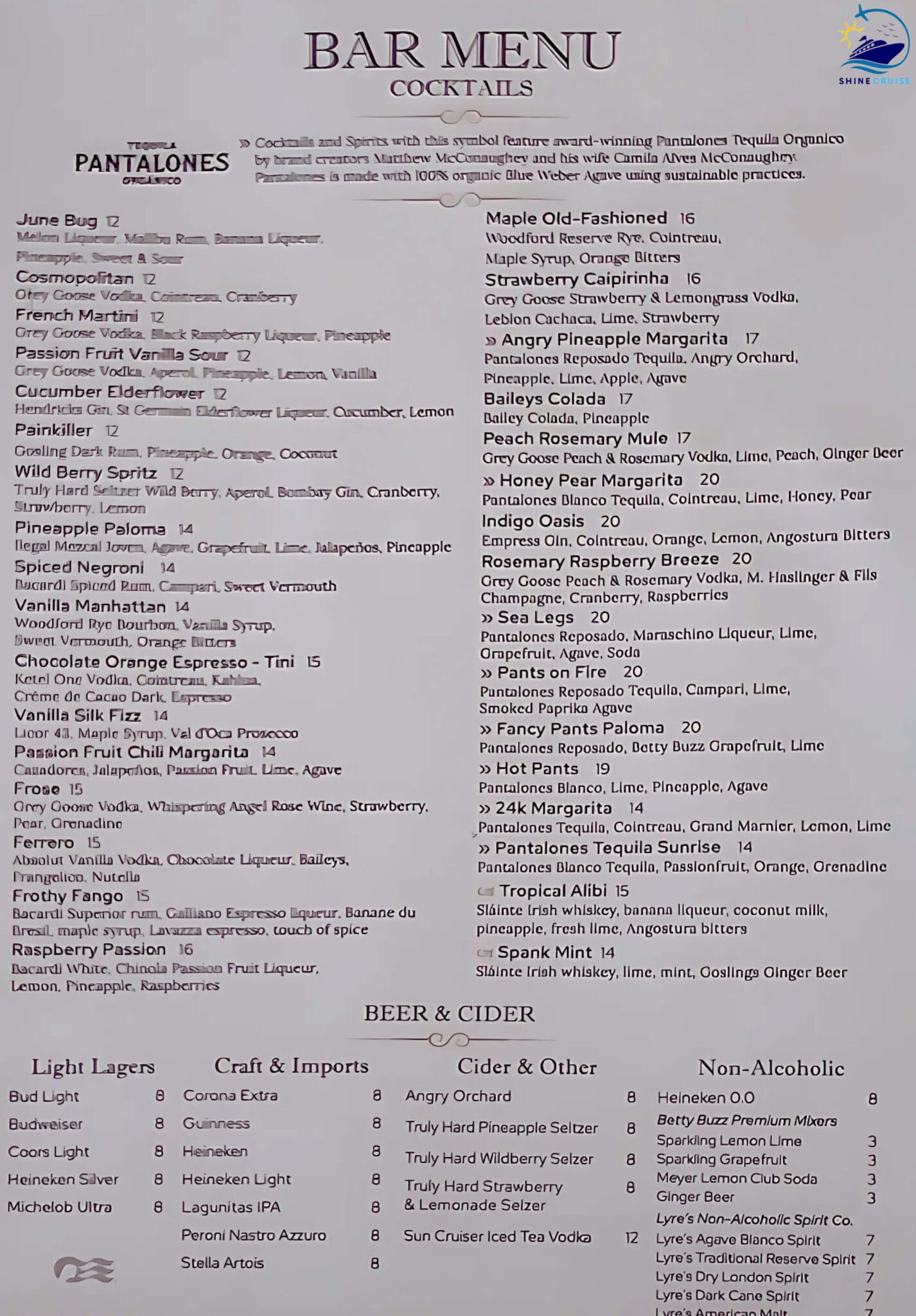 Princess Cruises Drinks Menu 2025 with Prices for all Ships