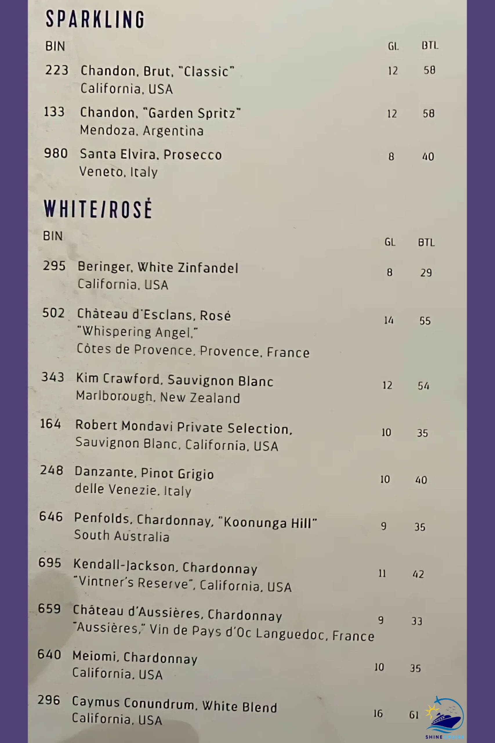 Royal Caribbean Star of the Seas Bar Menus & Drink Prices